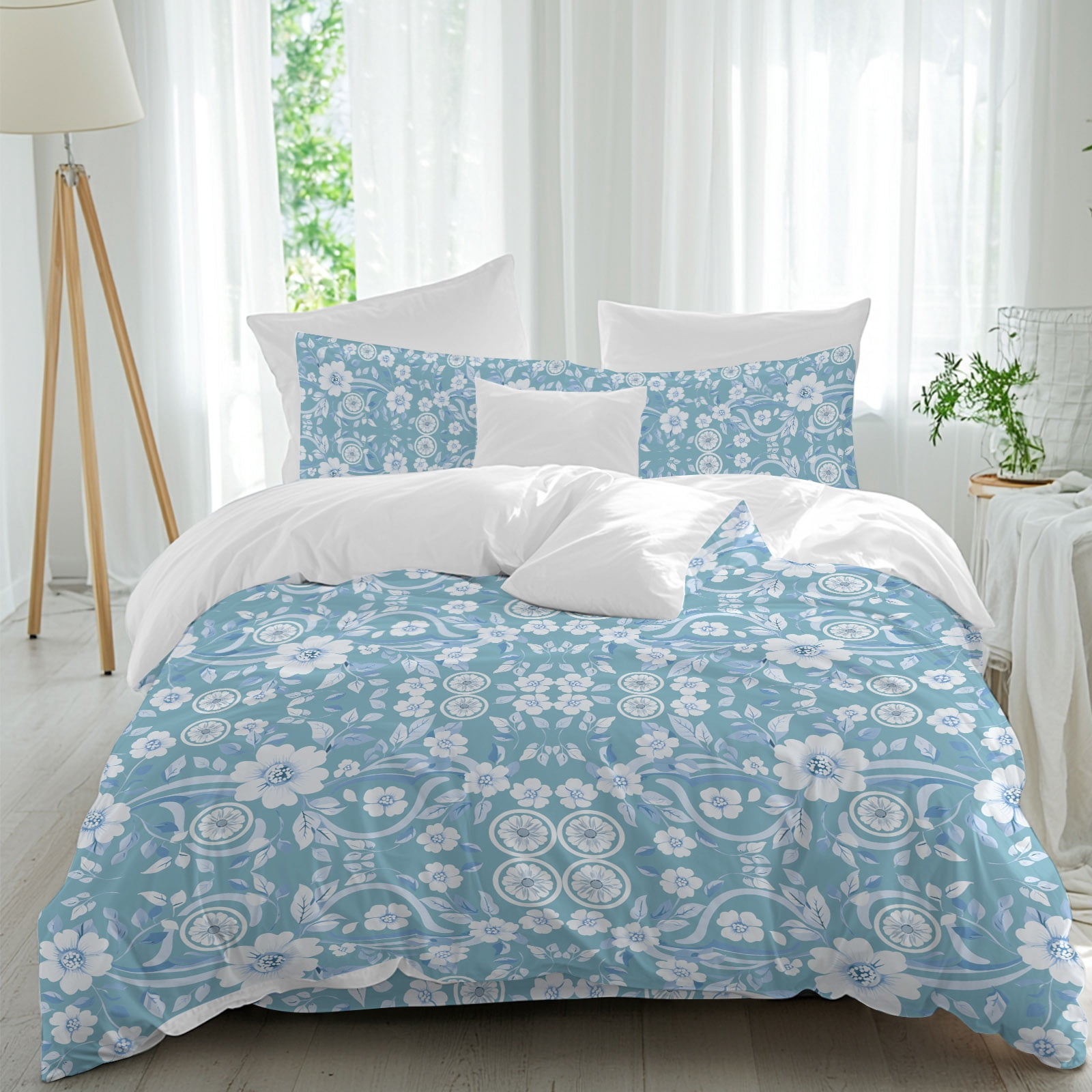4 Piece Duvet Cover Set Twin, Vintage Pastoral Floral on Blue Soft ...