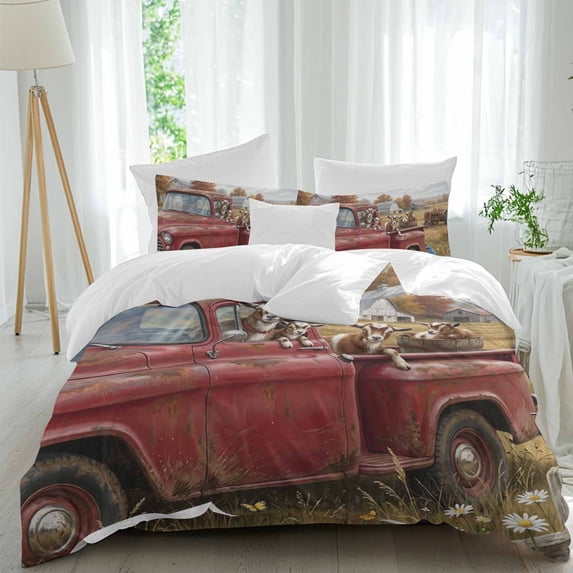 4 Piece Duvet Cover Set Twin, Vintage Red Truck Farm Sheep Soft ...