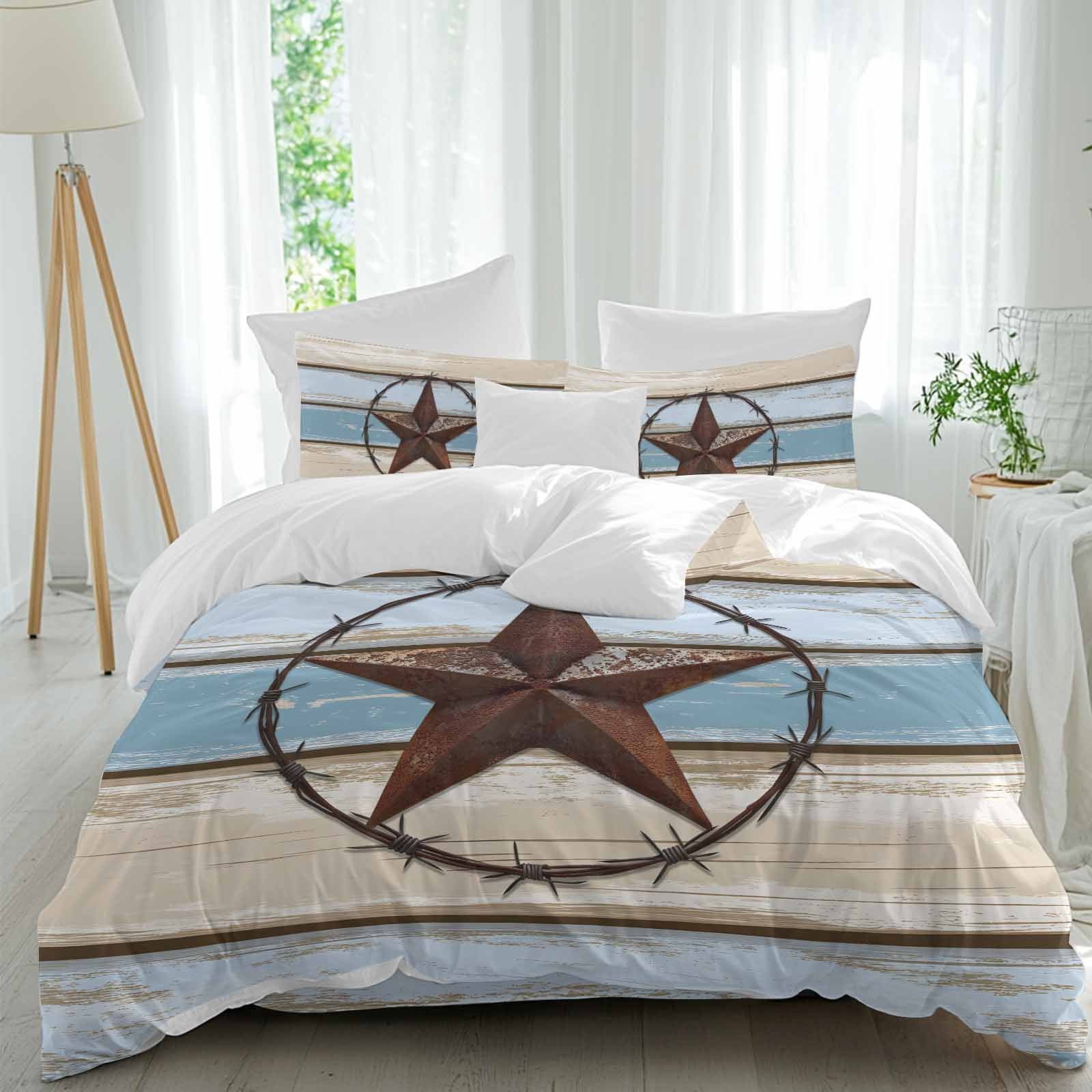 4 Piece Duvet Cover Set Twin, Vintage Western Star on Wood Grain Soft ...