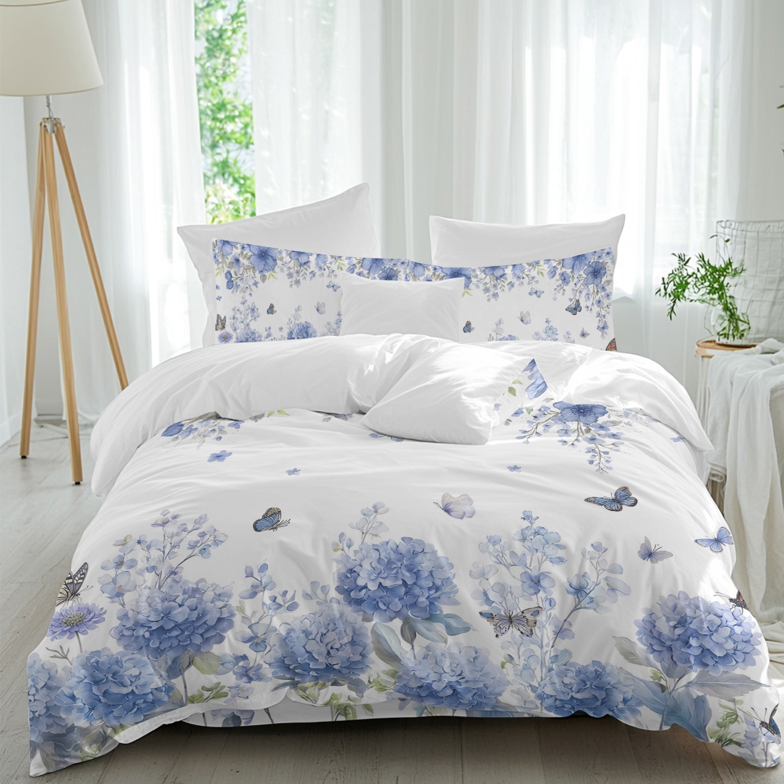 4 Piece Duvet Cover Set Twin, Watercolor Blue Hydrangeas Soft ...