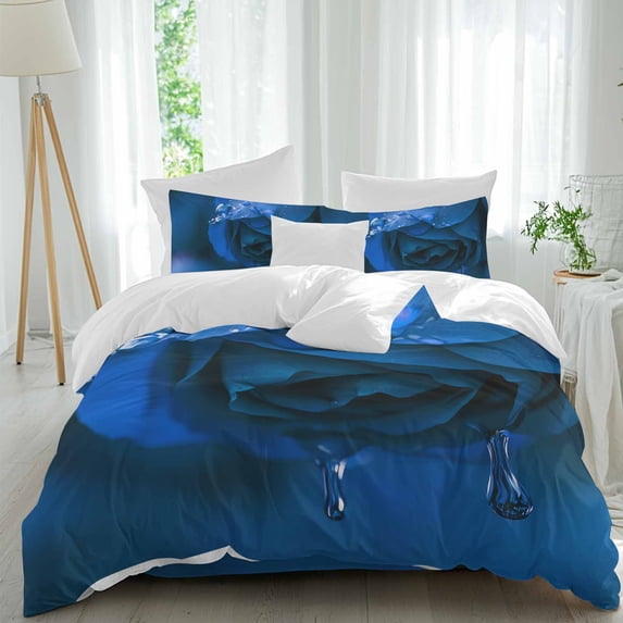 4 Piece Duvet Cover Set Twin, Watercolor Blue Rose Soft Breathable ...