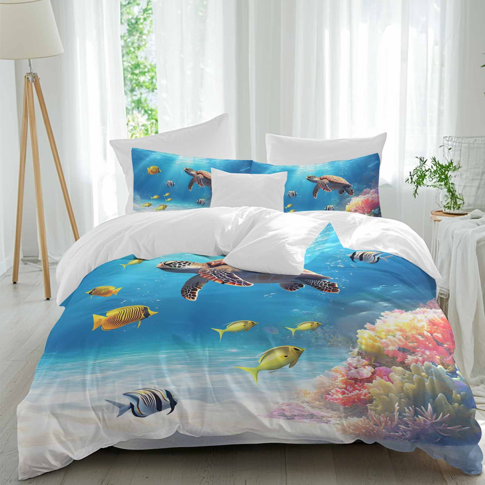 4 Piece Duvet Cover Set Twin, Watercolor Coral Sea Turtle Fish Soft ...