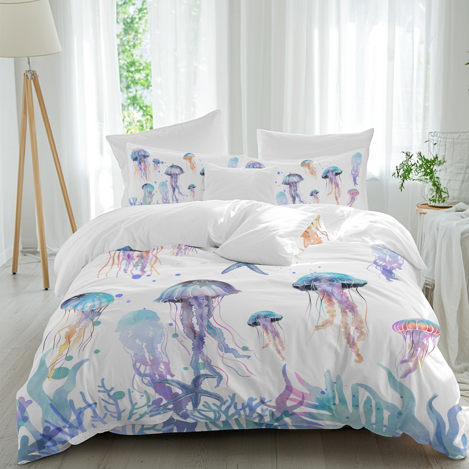 4 Piece Duvet Cover Set Twin, Watercolor Jellyfish Starfish Seaweed ...