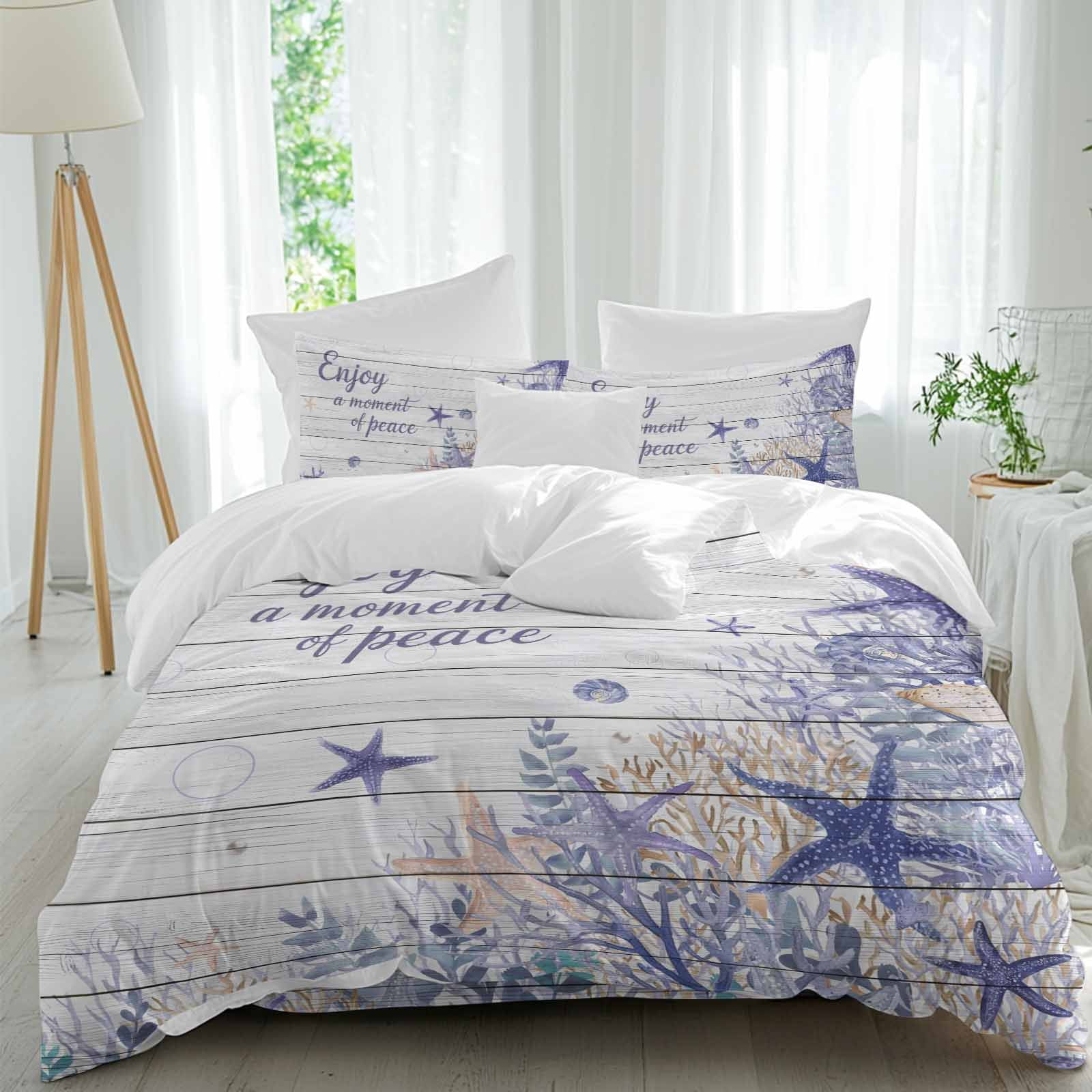 4 Piece Duvet Cover Set Twin, Watercolor Marine Life on Wood Grain Soft ...