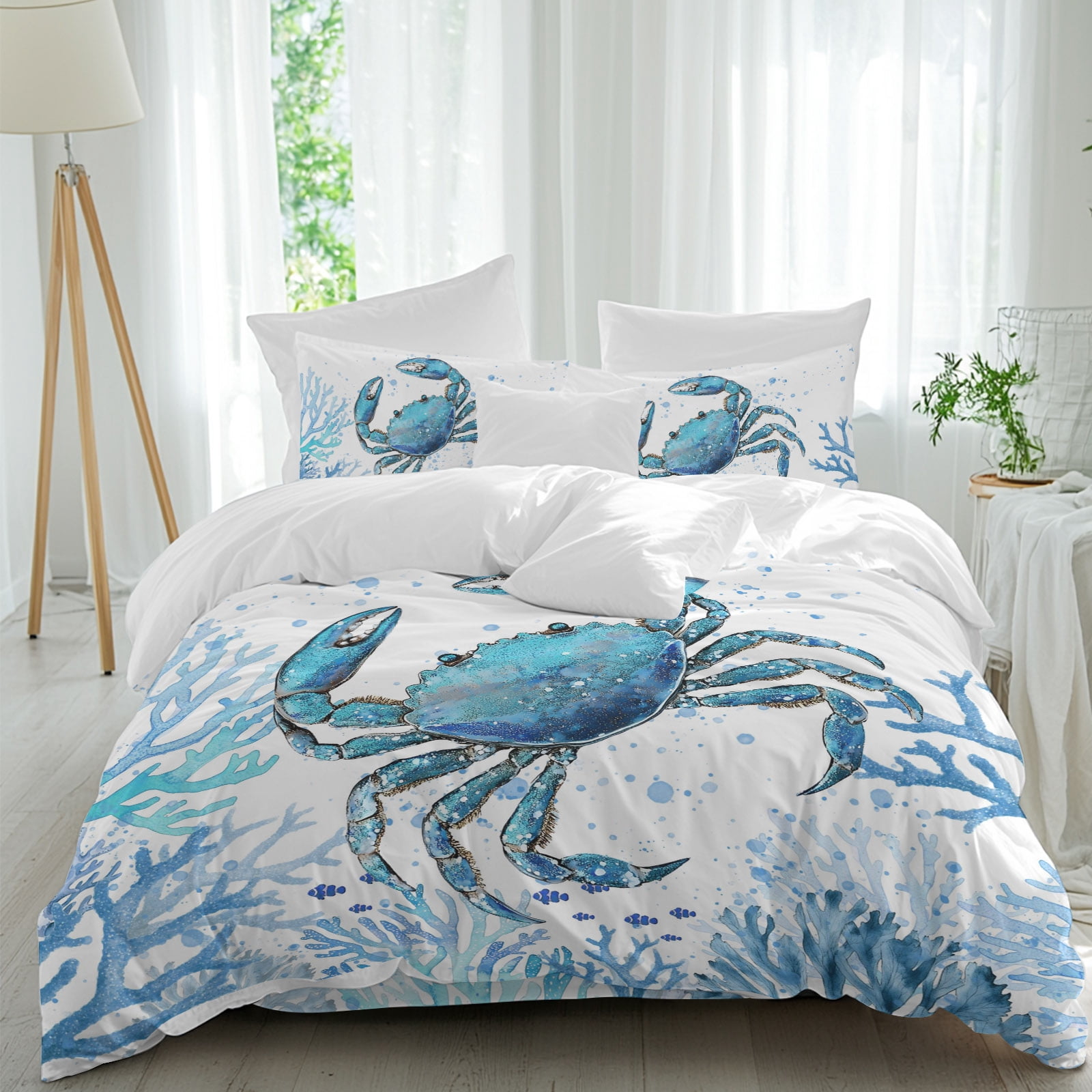 4 Piece Duvet Cover Set Twin, Watercolor Ocean Blue Crab Coral Soft ...