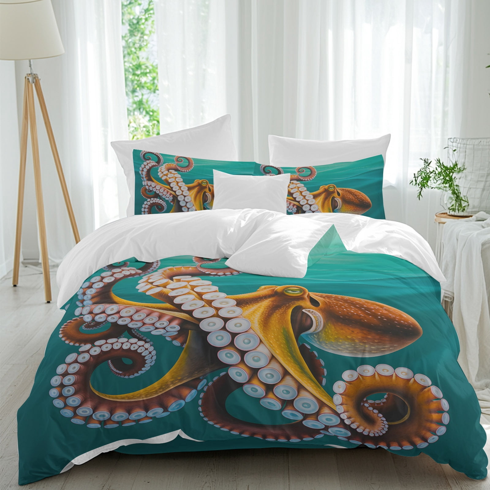 4 Piece Duvet Cover Set Twin, Watercolor Ocean Squid Soft Breathable ...