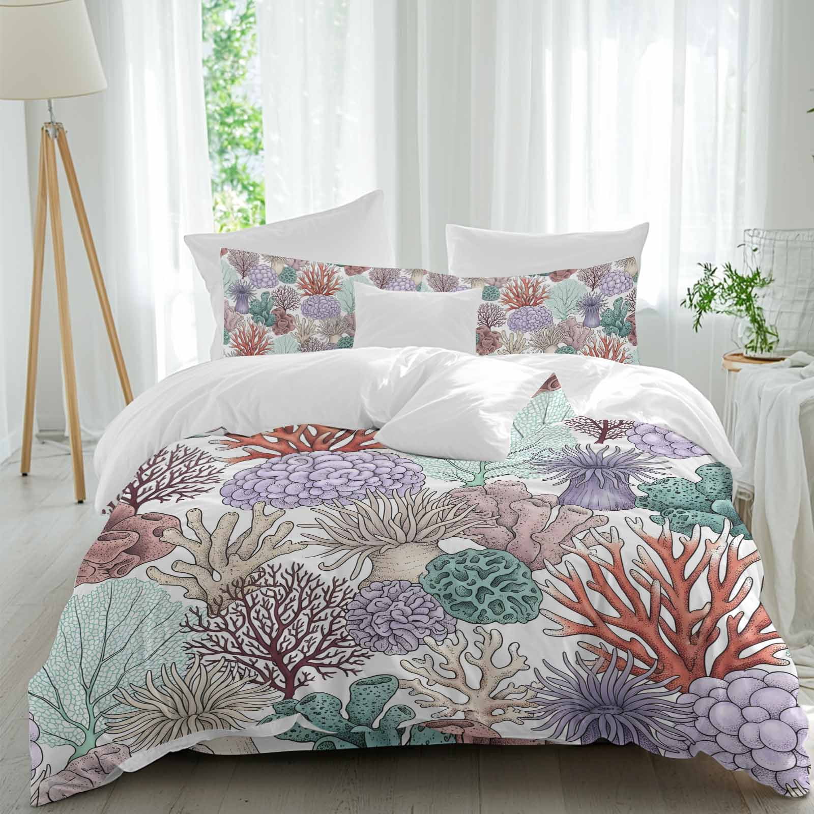 4 Piece Duvet Cover Set Twin, Watercolor Purple Green Red Coral Soft ...