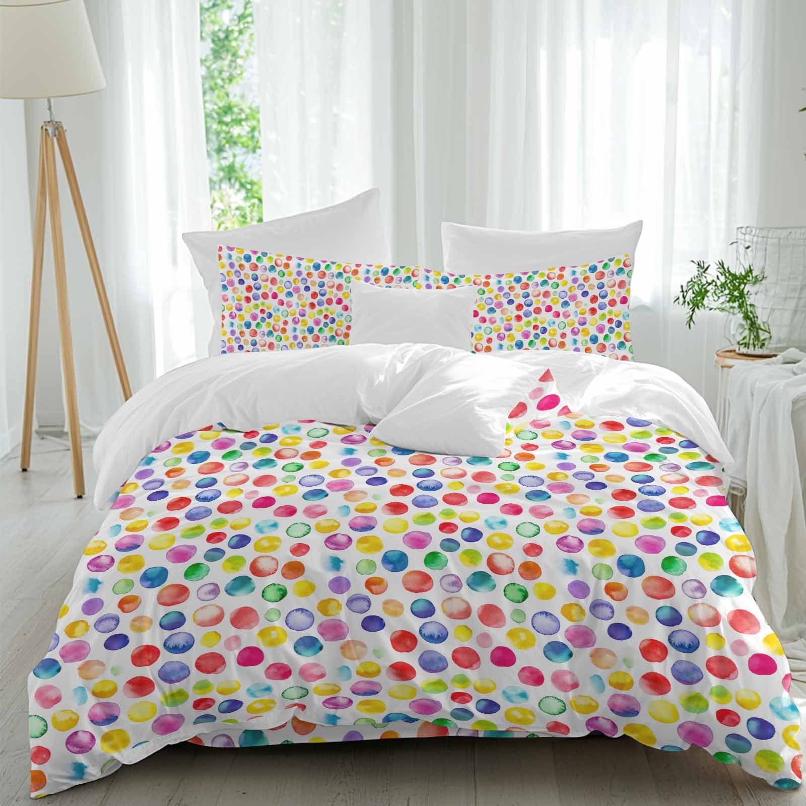 4 Piece Duvet Cover Set Twin, Watercolor Rainbow Polka Dots Soft ...