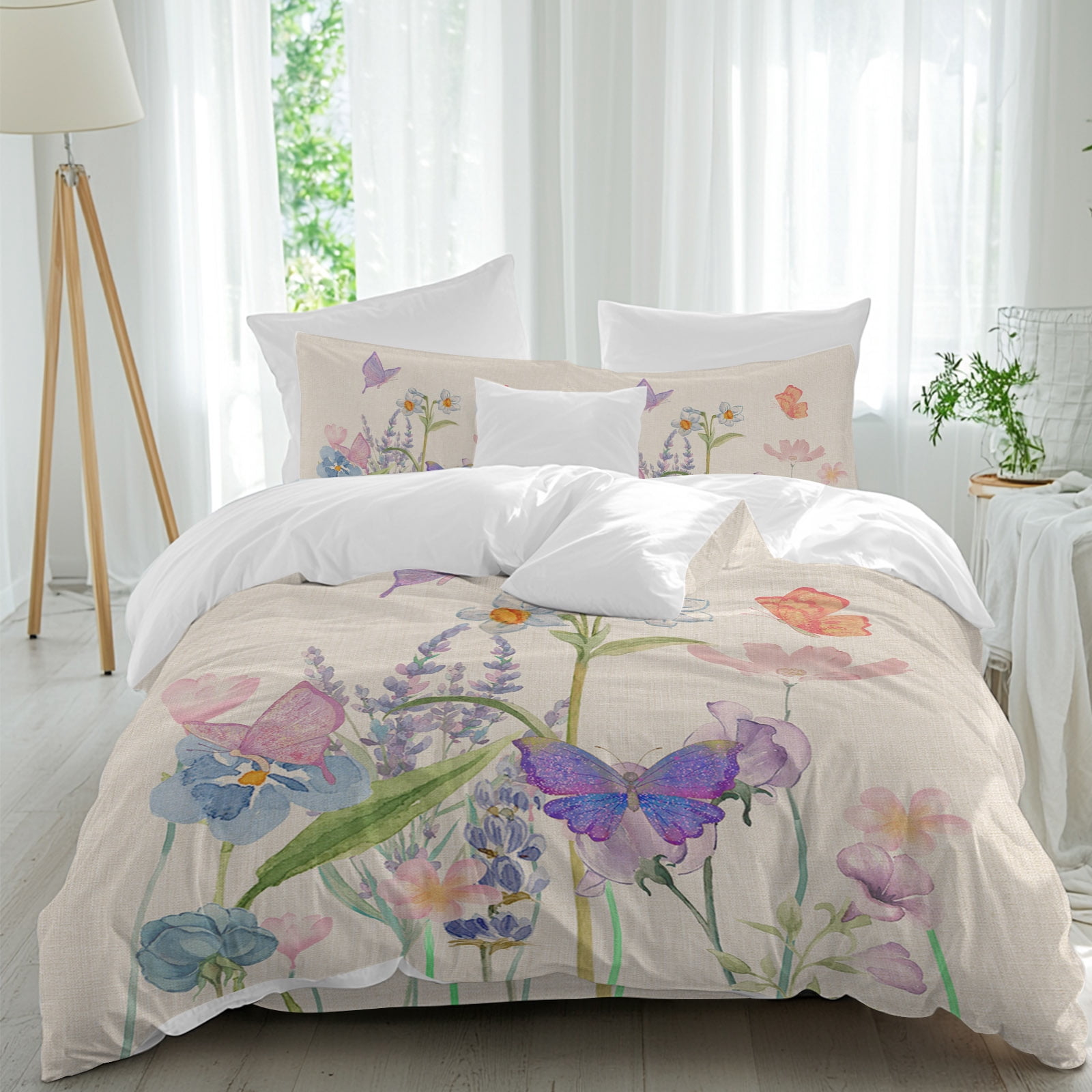 4 Piece Duvet Cover Set Twin, Watercolor Rustic Butterfly Retro ...