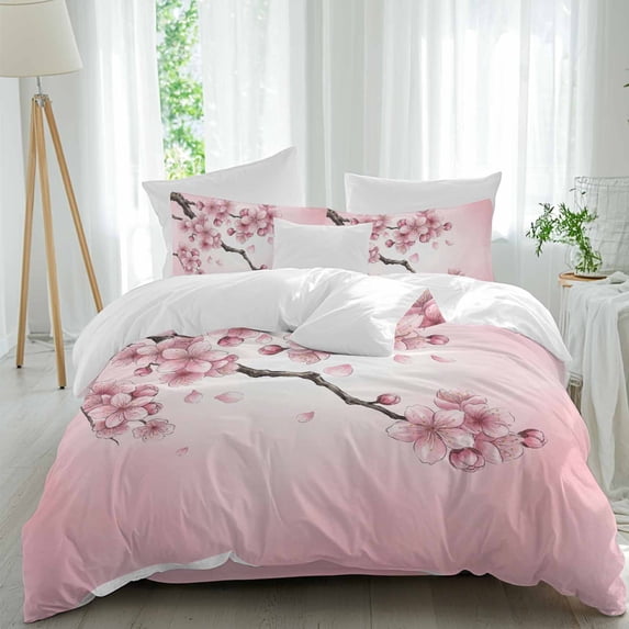 4 Piece Duvet Cover Set Twin, Watercolor Spring Cherry Blossoms Soft ...