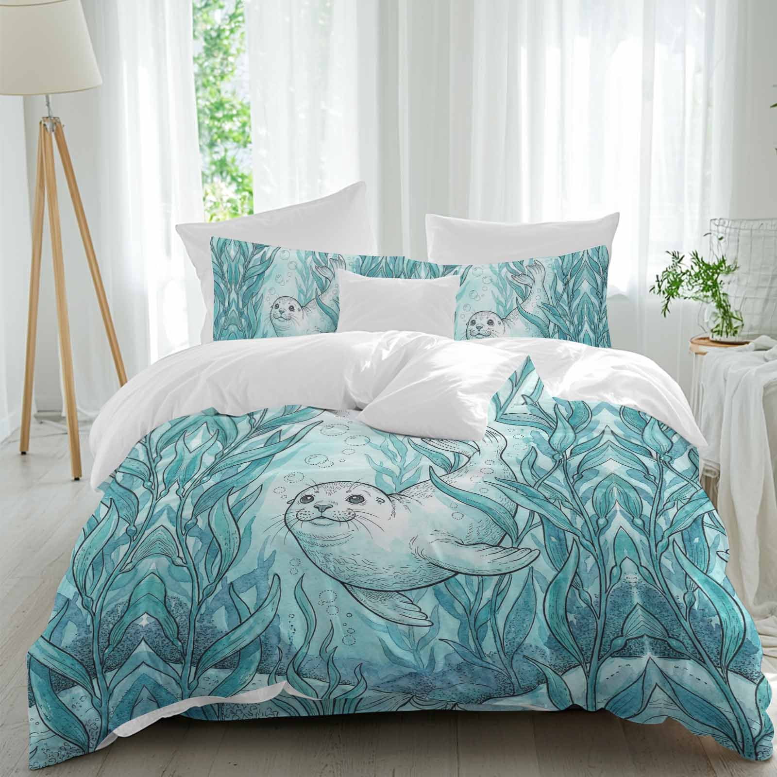 4 Piece Duvet Cover Set Twin, Watercolor Water Duck Green Seals Coral ...