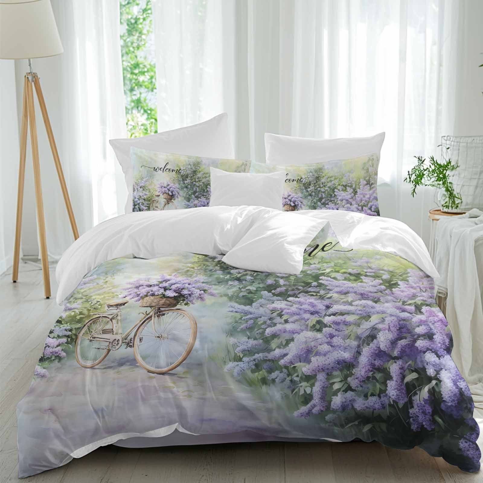 4 Piece Duvet Cover Set Twin, Welcome Words Lavender Bicycle Soft ...