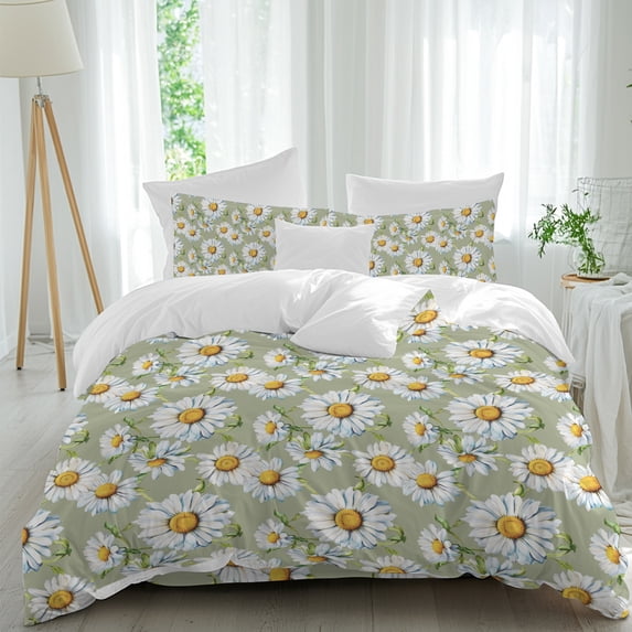 4 Piece Duvet Cover Set Twin, White Daisy Flower Sage Green Soft ...