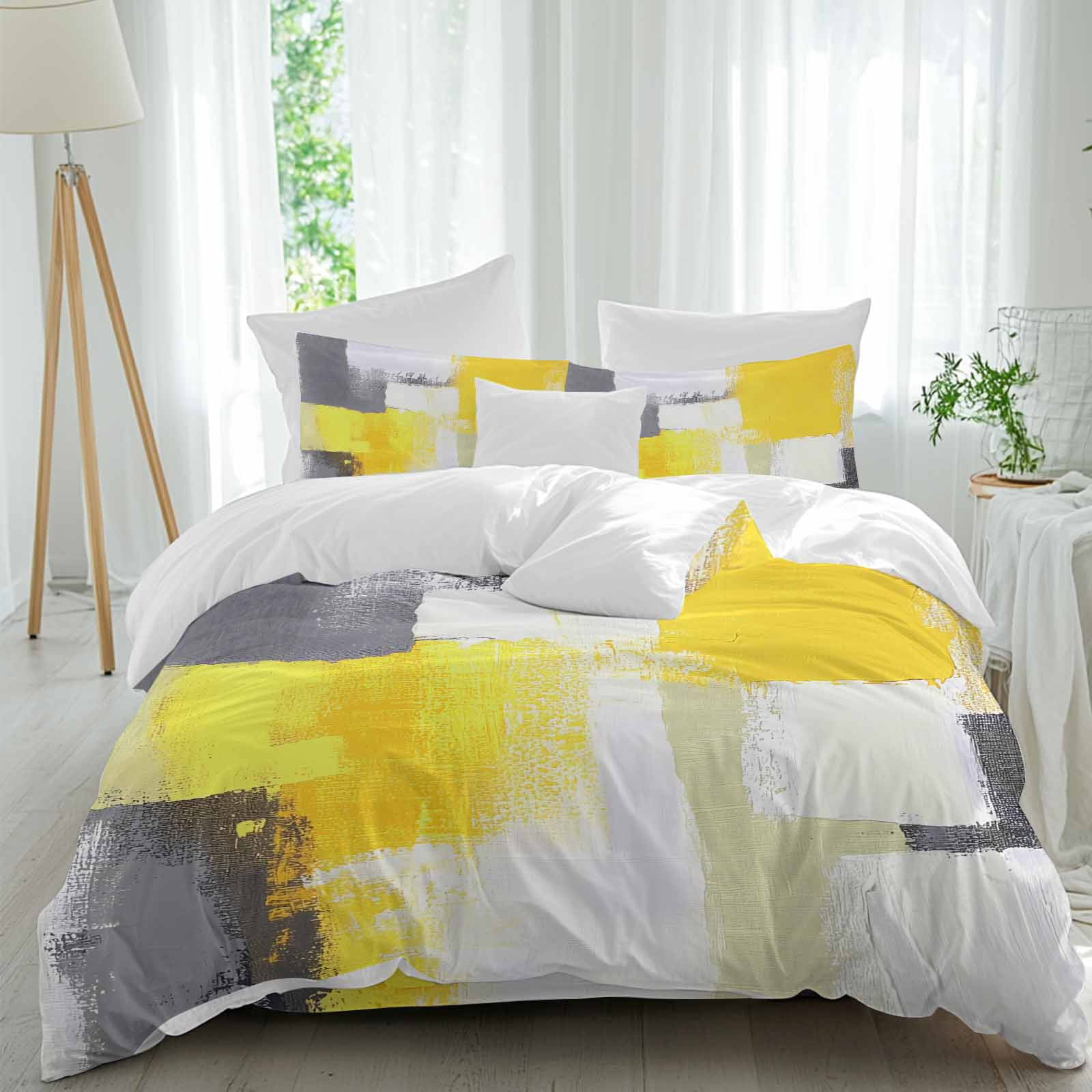 4 Piece Duvet Cover Set Twin, Yellow Gradient Color Block Graffiti Art ...