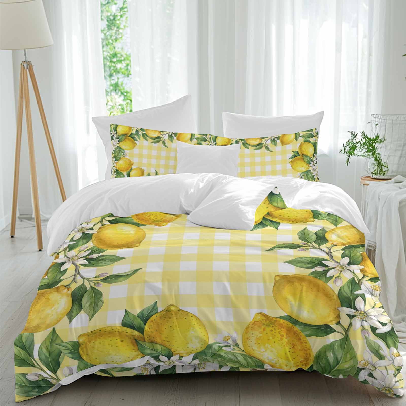 4 Piece Duvet Cover Set Twin, Yellow Lemon White Floral Soft Breathable ...