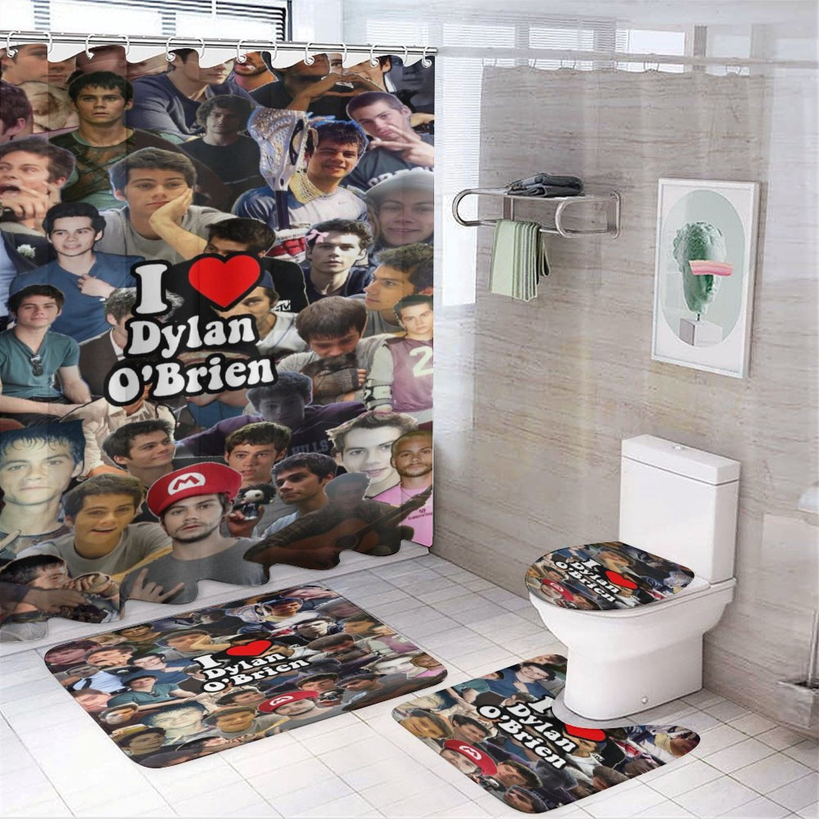 4 Piece Dylan O-Brien Shower Curtain Sets with Non-Slip Rugs, U-Shaped ...