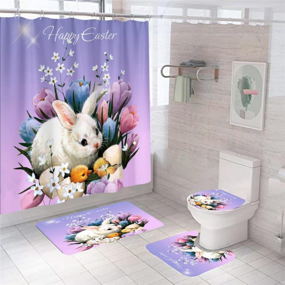4 Piece Easter Shower Curtain Set With Non-Slip Rug, Toilet Cover And ...
