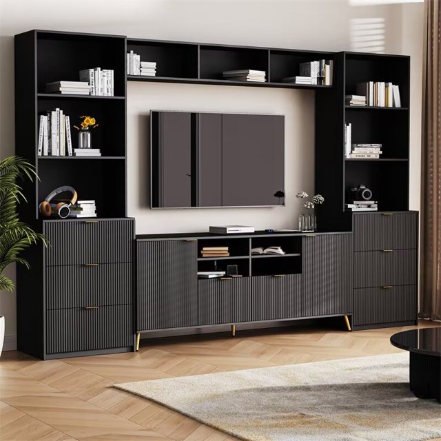 4-Piece Entertainment Wall Unit with 13 Shelves, 8 Drawers, and 2 ...