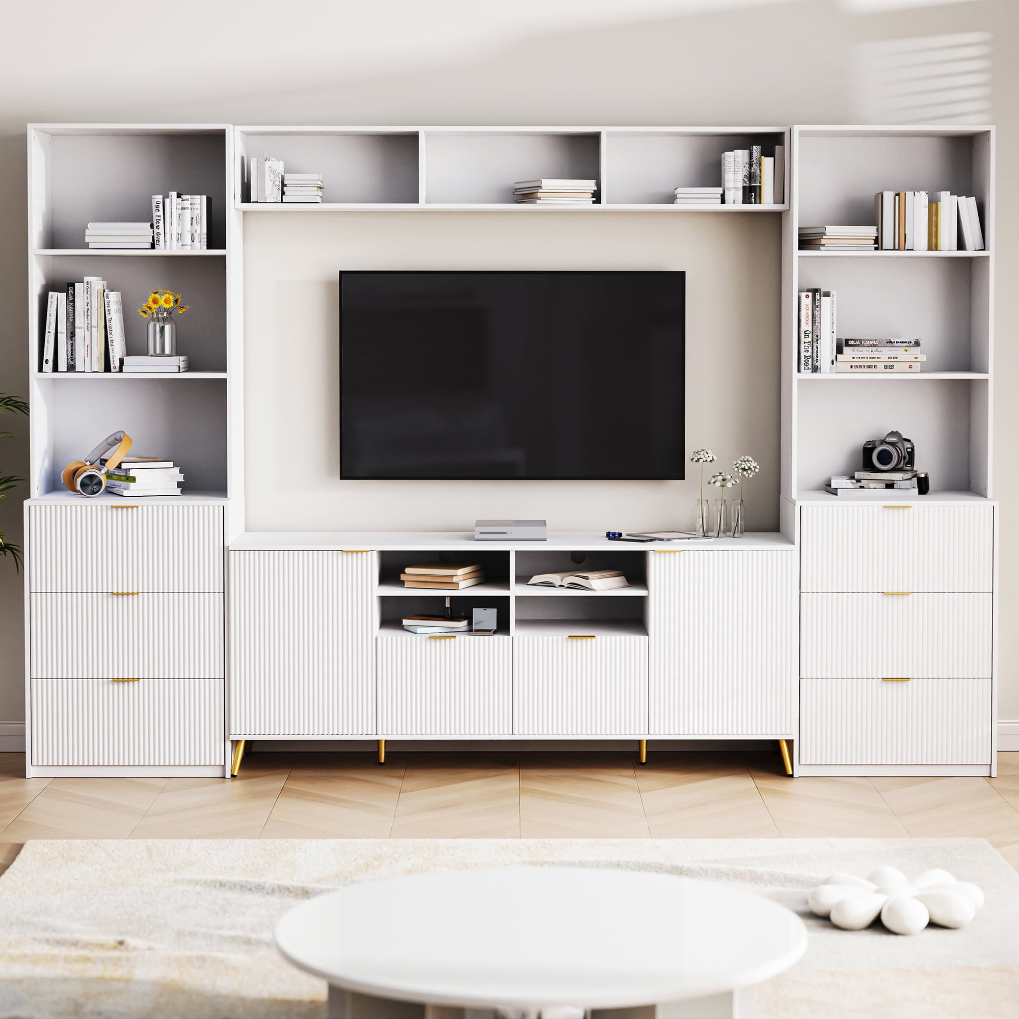 4-Piece Entertainment Wall Unit with 13 shelves,8 Drawers and 2 ...