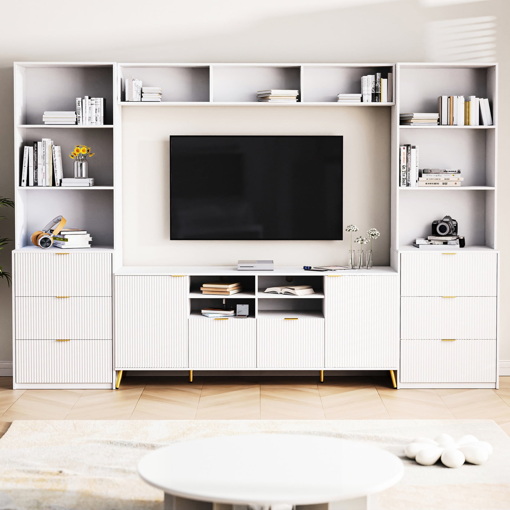 4-Piece Entertainment Wall Unit with 13 Shelves, 8 Drawers, 2 Cabinets ...