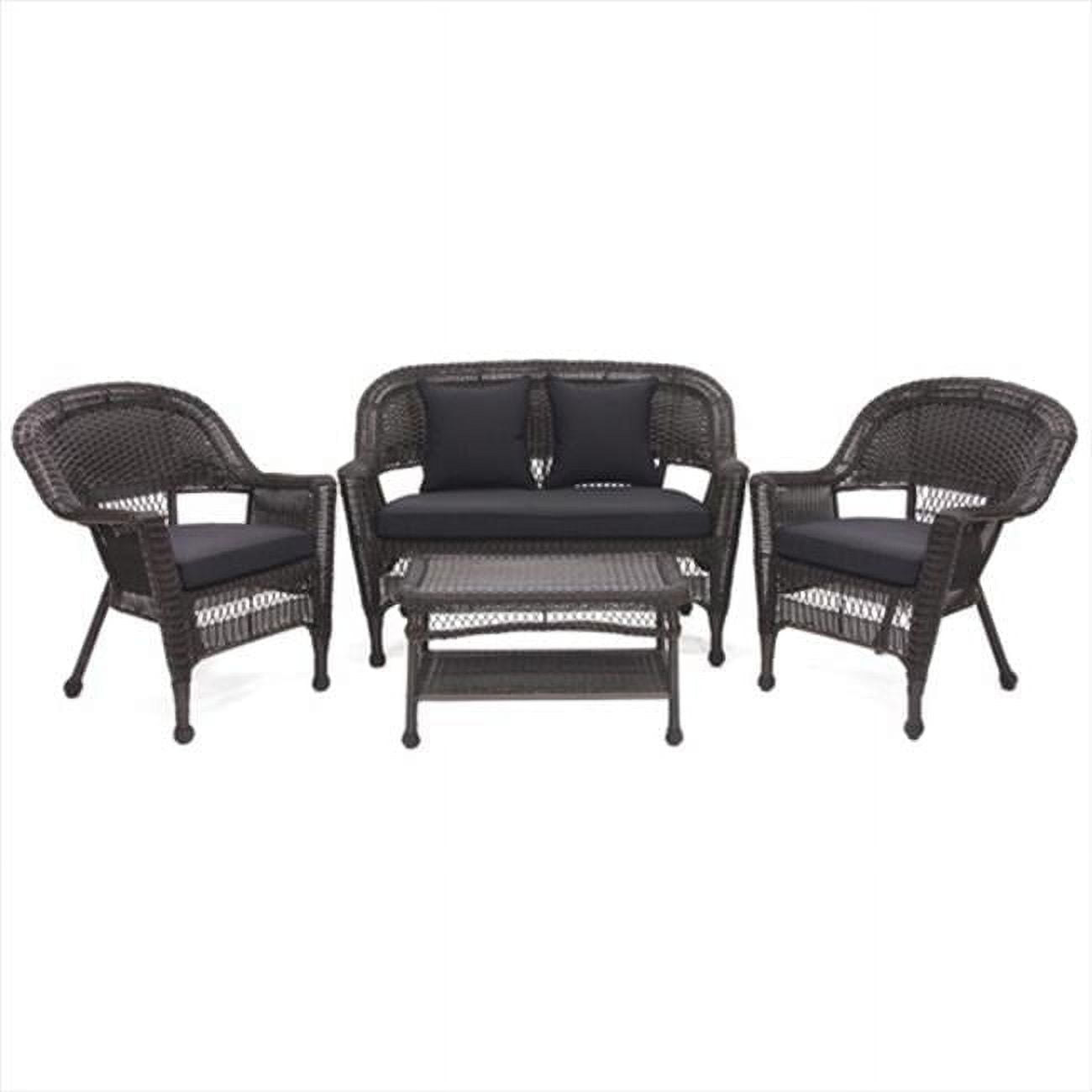 4 Piece Espresso Wicker Conversation Set - Black Cushions - Walmart.com
