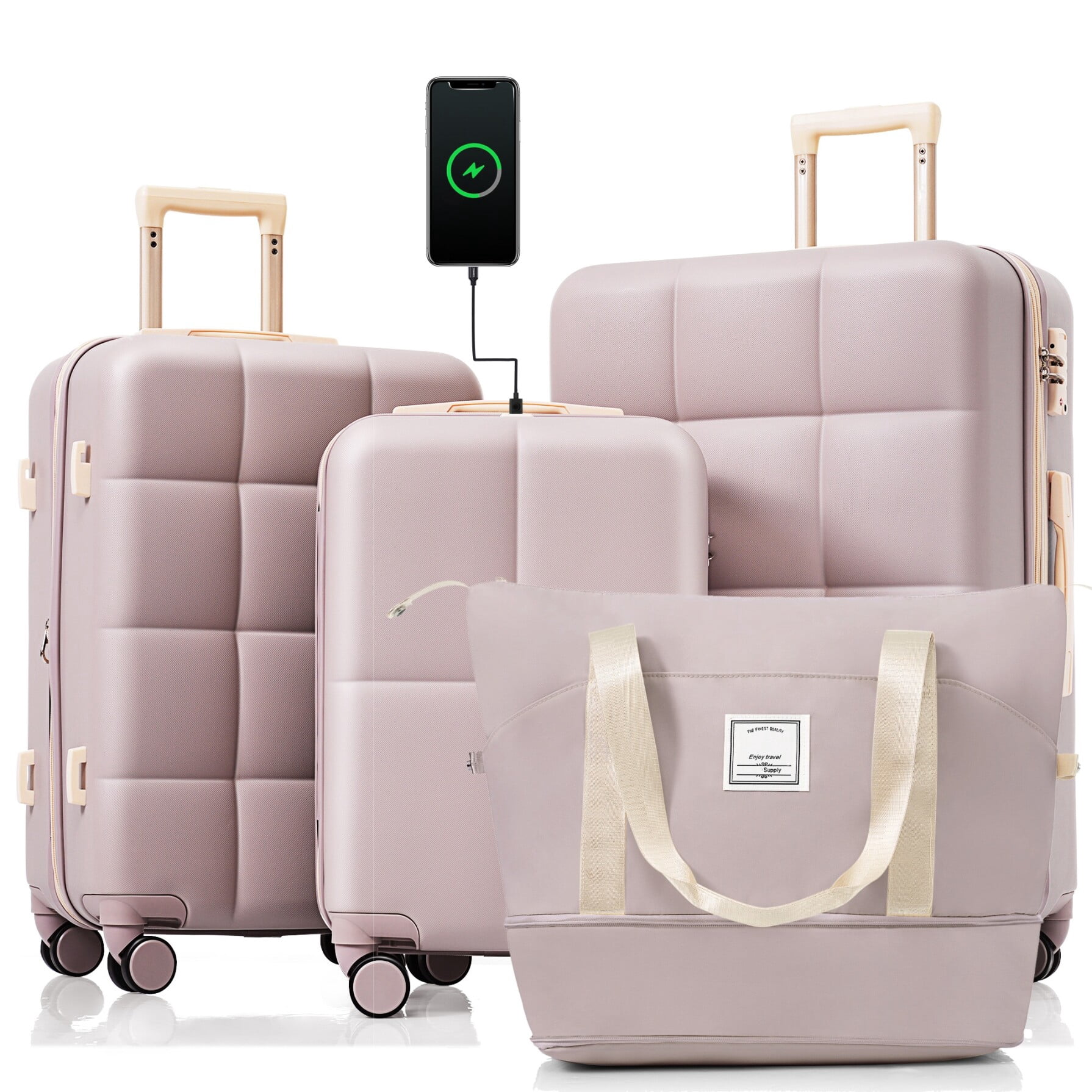 4 Piece Expandable ABS Luggage Set with USB Port, Side Hooks & Cup ...
