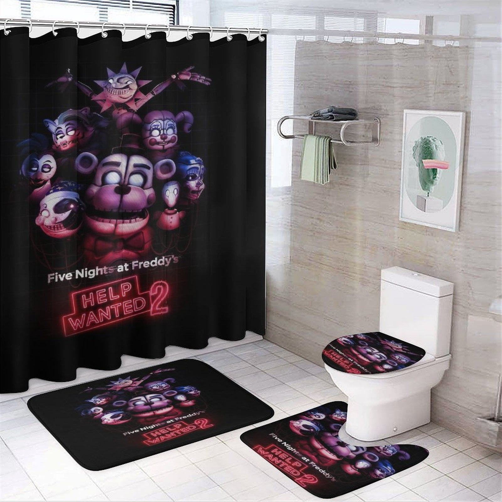 4 Piece FNAF Five Night At Freddy Shower Curtain Set with Non-Slip Rugs ...