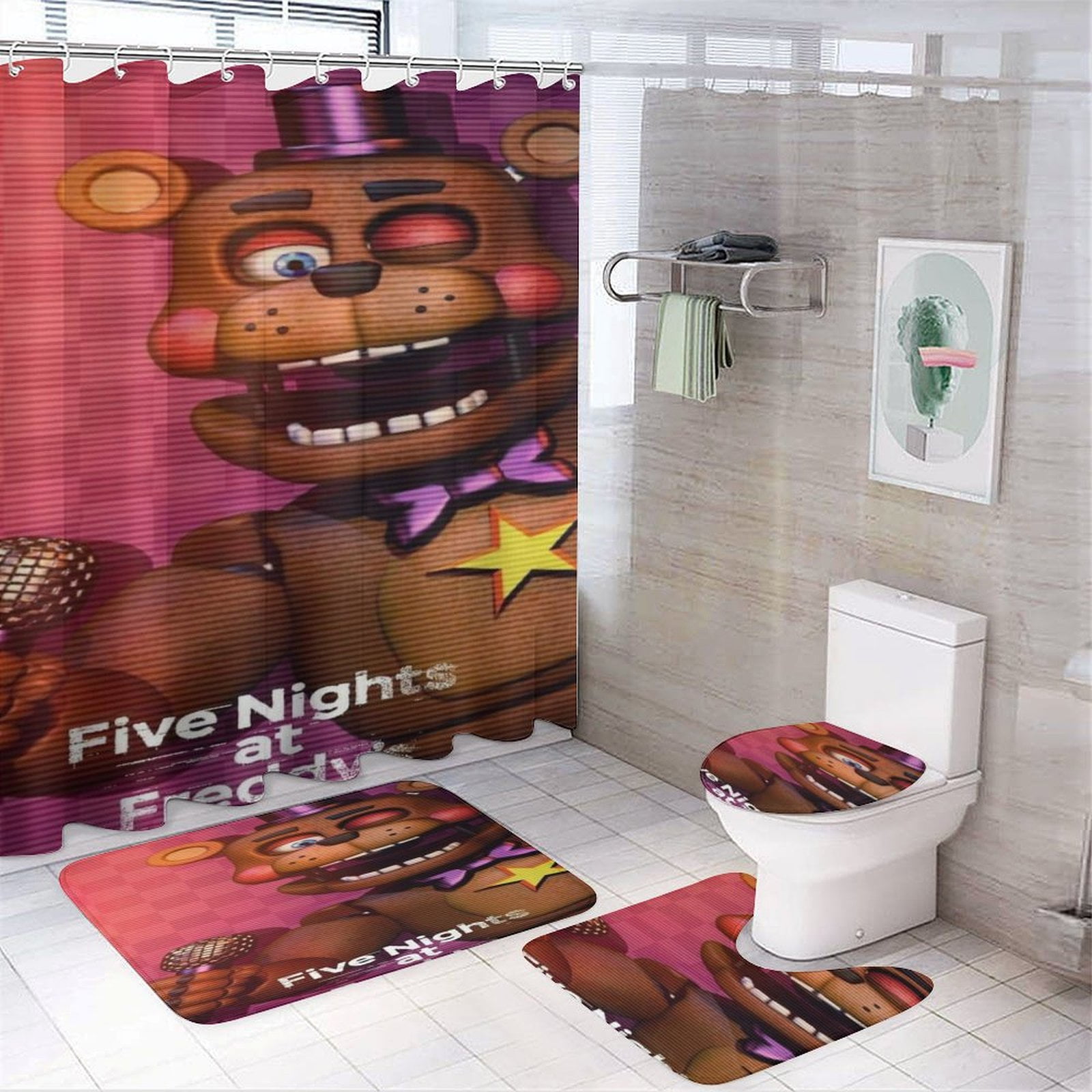 4 Piece FNAF Five Night At Freddy Shower Curtain Set with Non-Slip Rugs ...