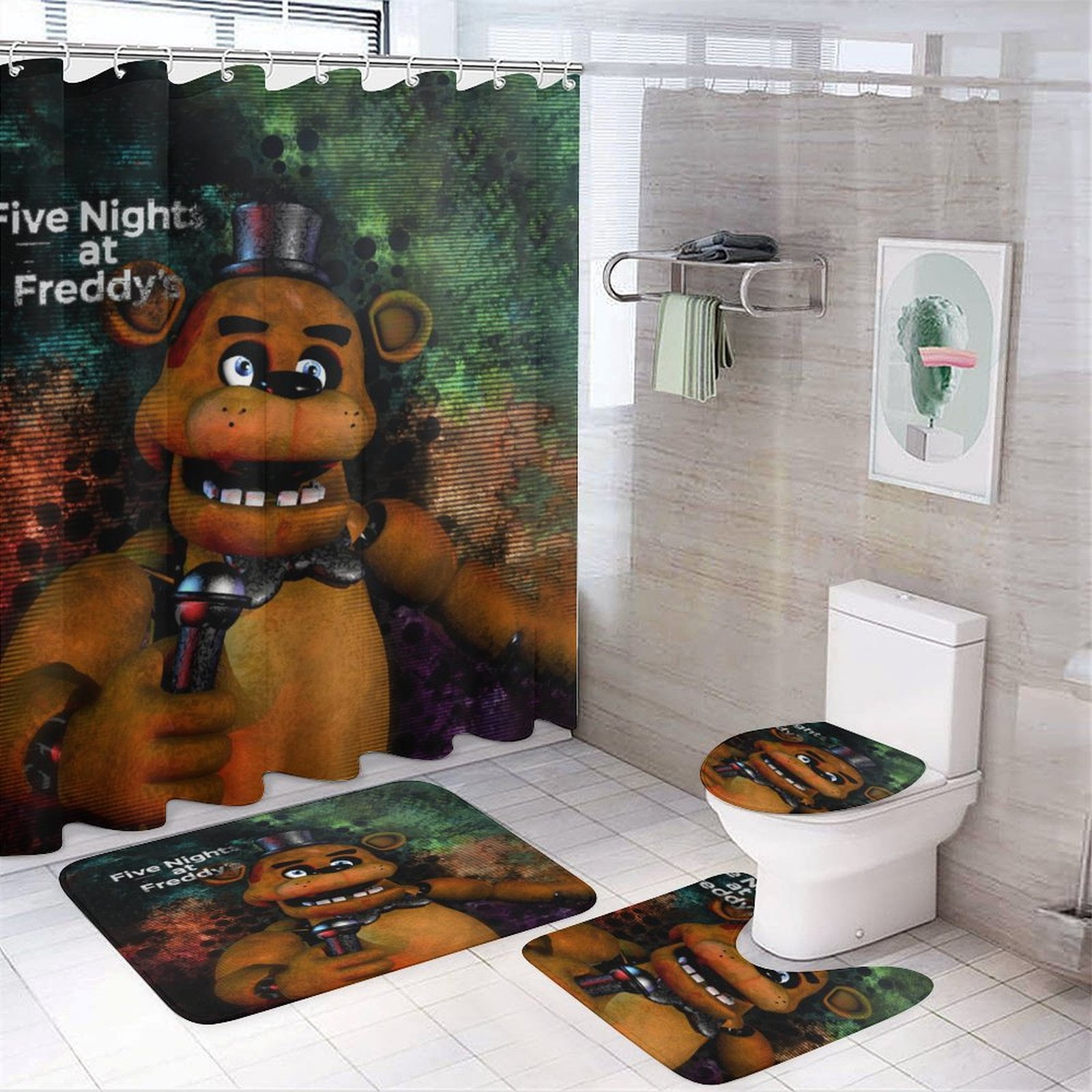 4 Piece FNAF Five Night At Freddy Shower Curtain Set with Non-Slip Rugs ...