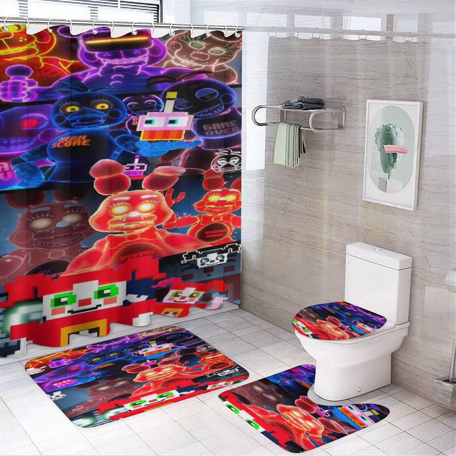 4 Piece FNAF Five Night At Freddy Shower Curtain Set with Non-Slip Rugs ...