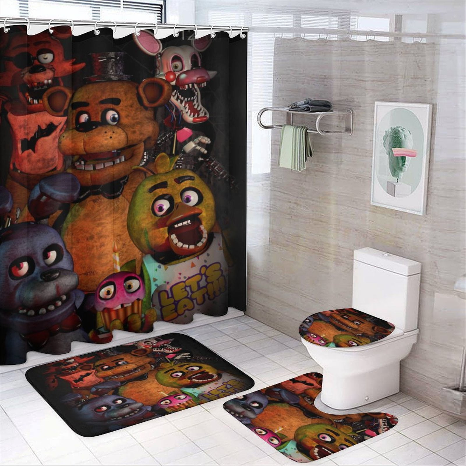 4 Piece FNAF Five Night At Freddy Shower Curtain Set with Non-Slip Rugs ...