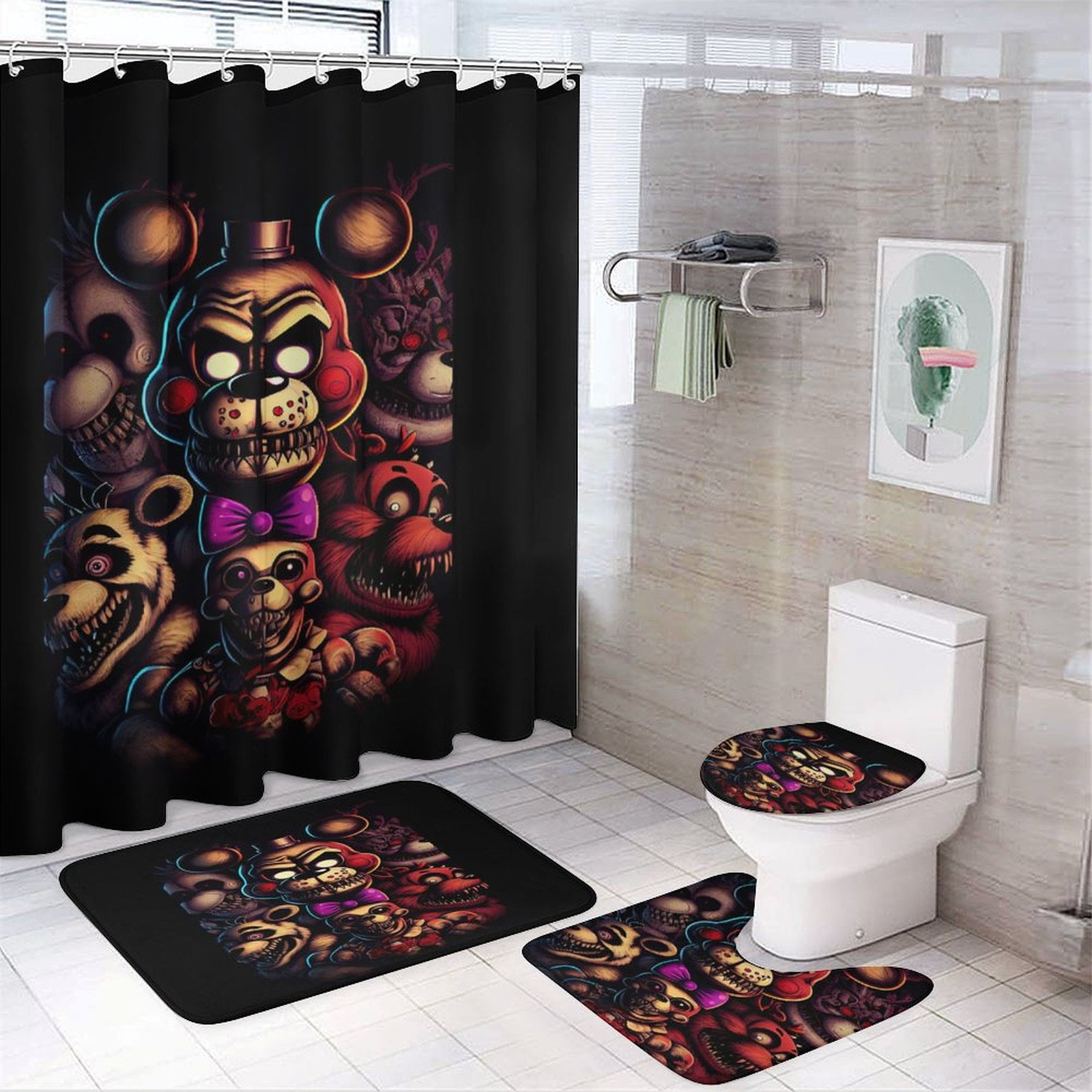 4 Piece FNAF Five Night At Freddy Shower Curtain Set with Non-Slip Rugs ...