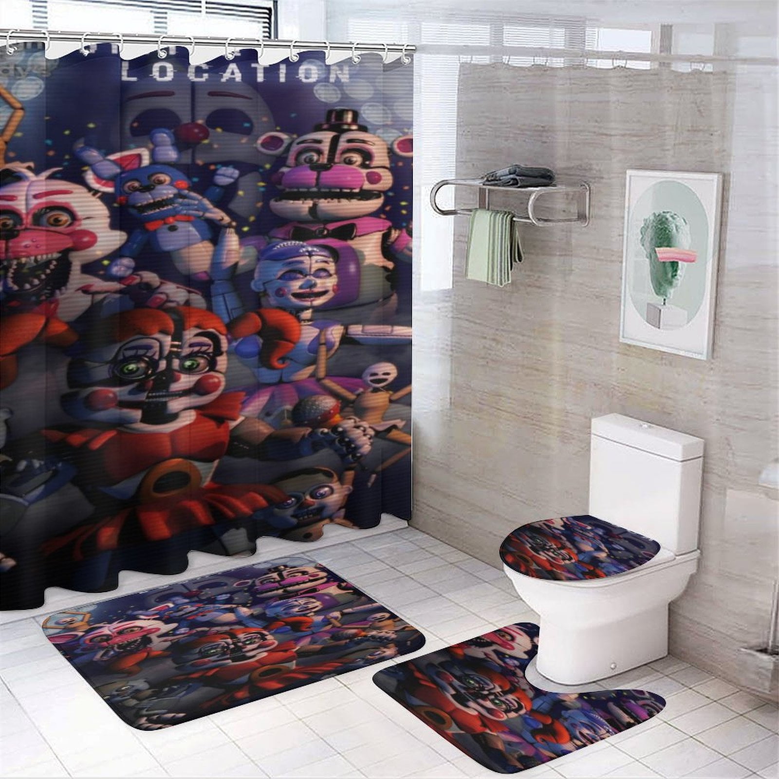 4 Piece FNAF Five Night At Freddy Shower Curtain Set with Non-Slip Rugs ...