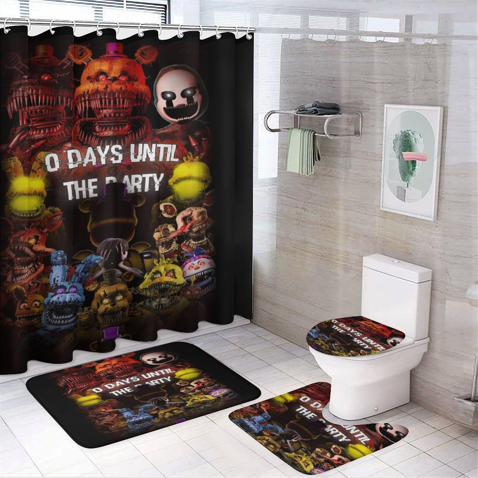 4 Piece FNAF Five Night At Freddy Shower Curtain Set with Non-Slip Rugs ...