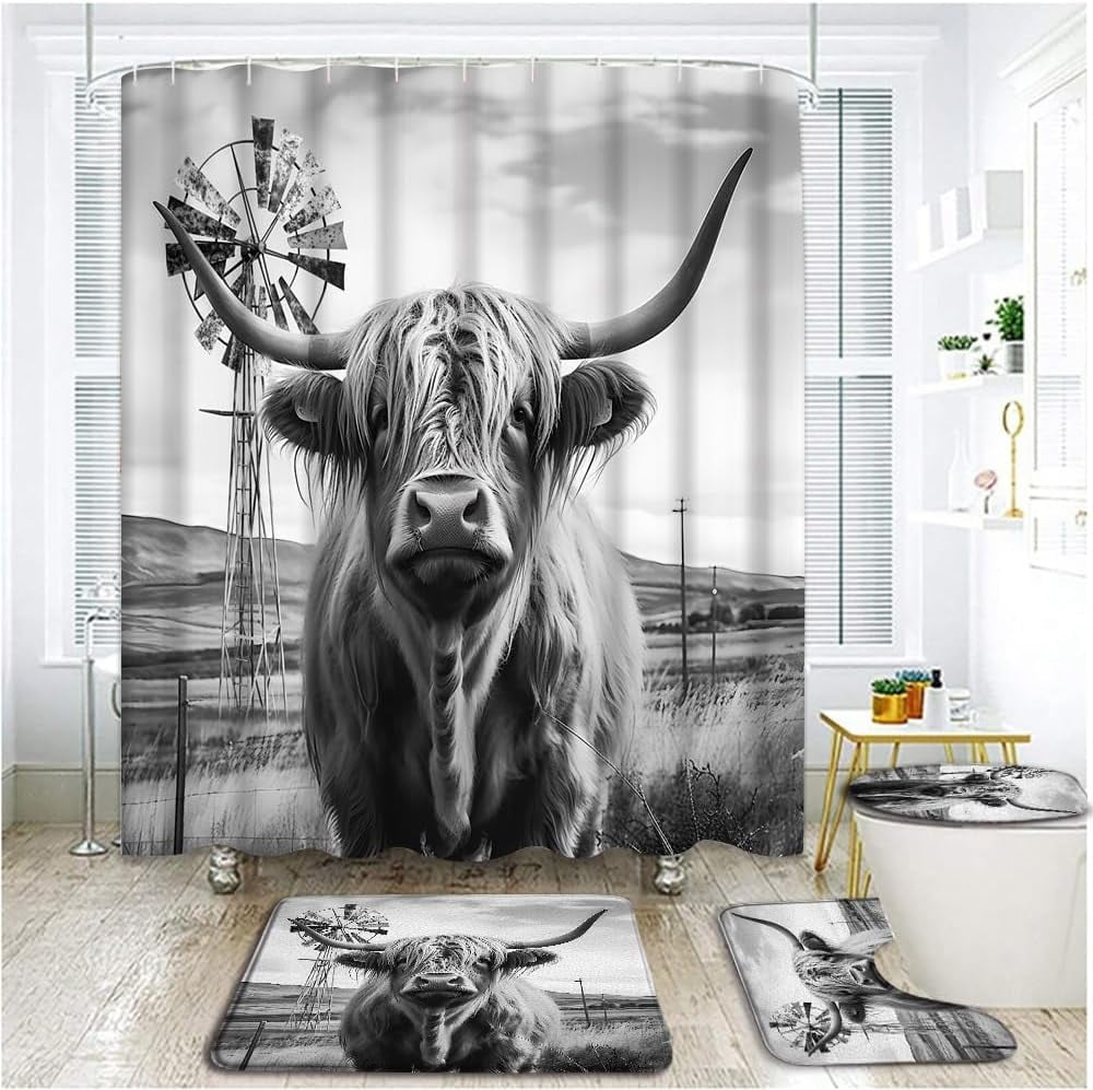 4 Piece Farmhouse Highland Cow Shower Curtain Sets with Rugs, Toilet ...