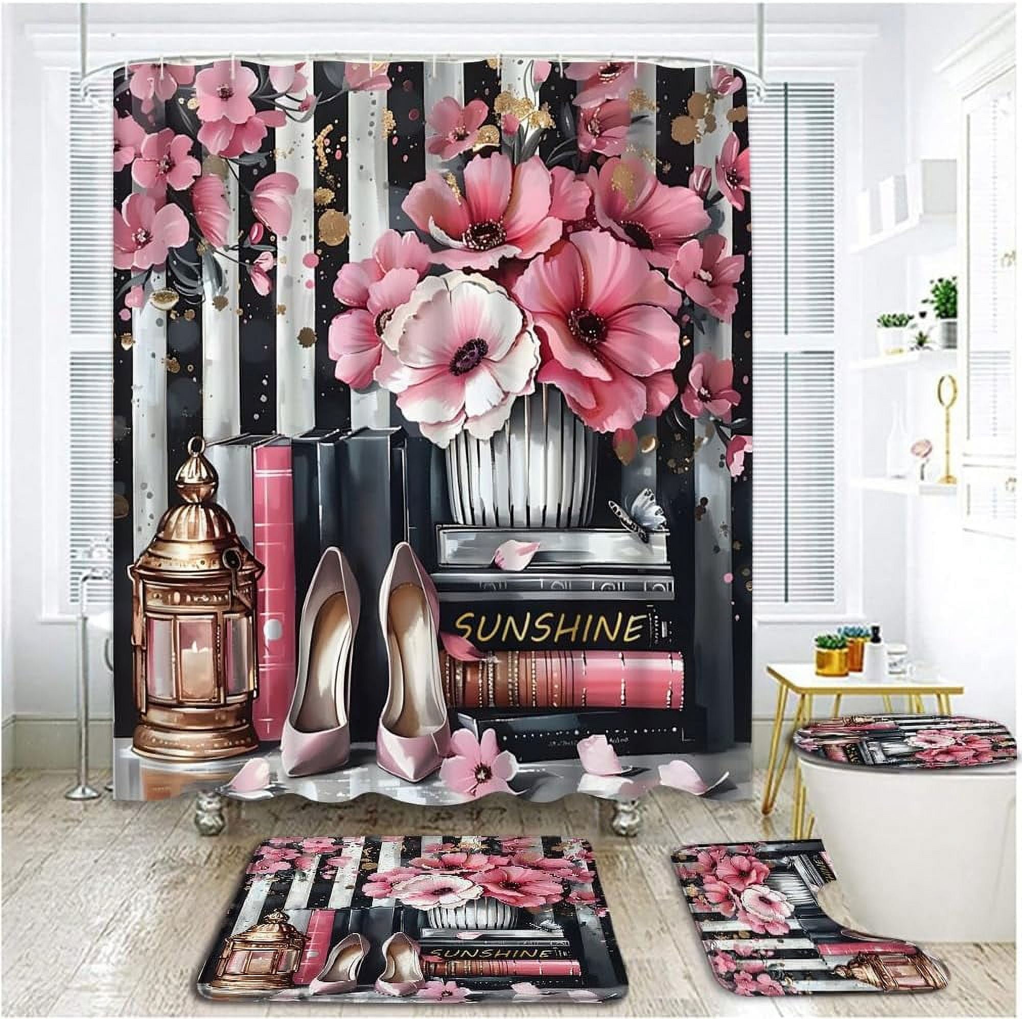 4 Piece Fashion Lady Shower Curtain Set with Rugs, Toilet Lid Cover ...