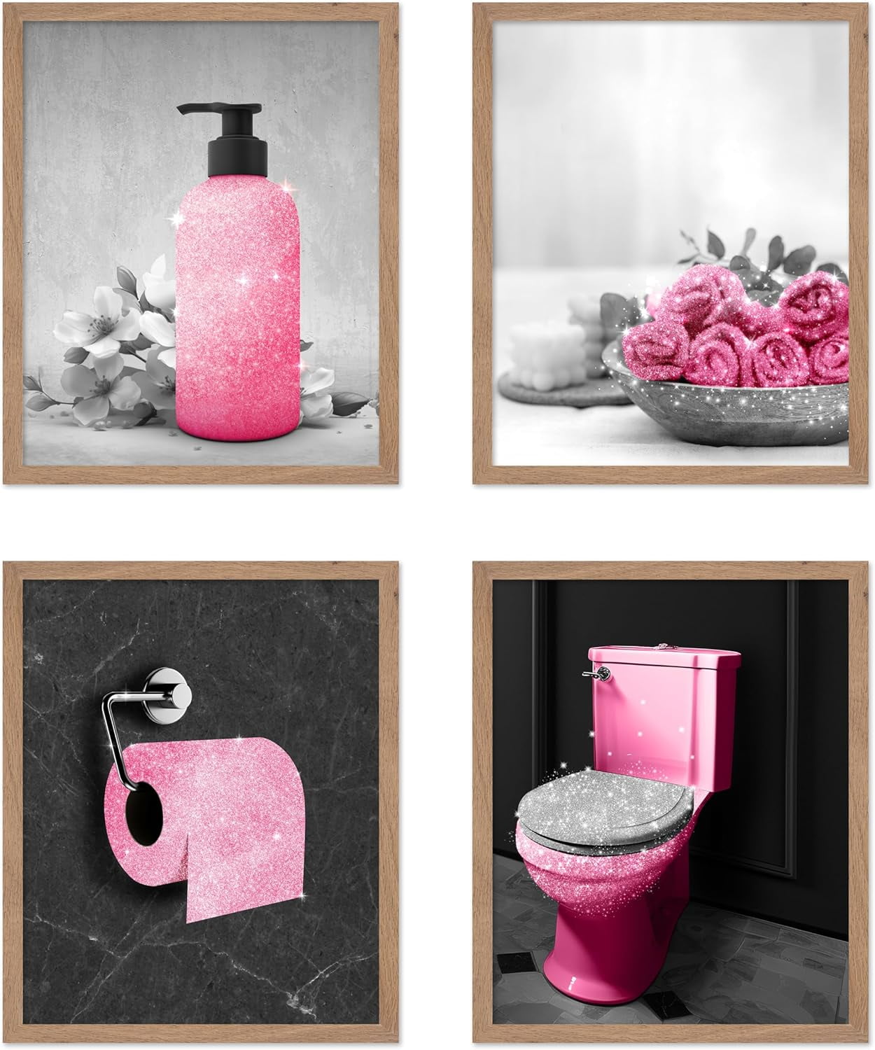 4-Piece Fashion Poster - Hush Print - Black & Pink Glitter Wall Art ...