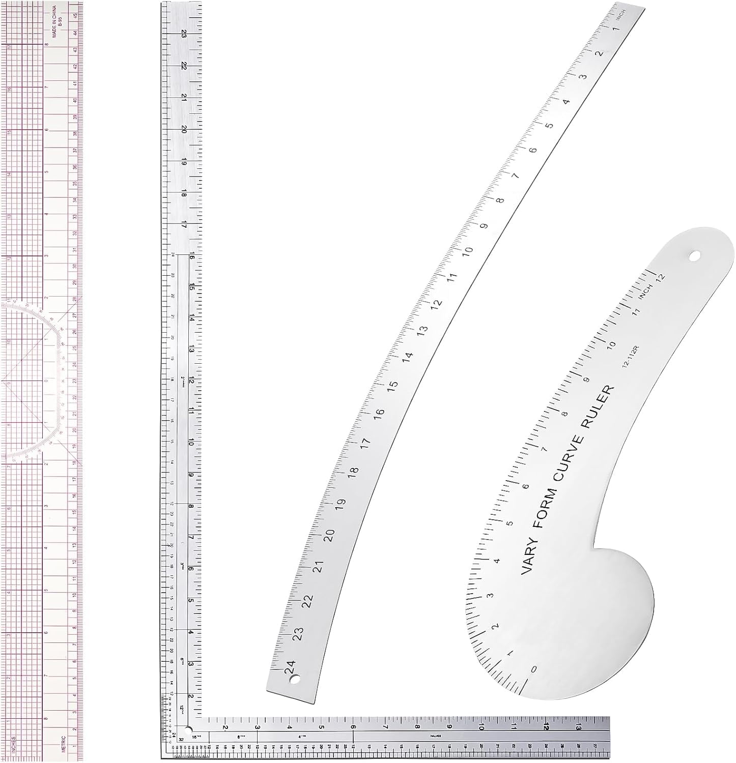 4 Piece Fashion Sewing Ruler with French Curves Aluminum Designer Ruler ...
