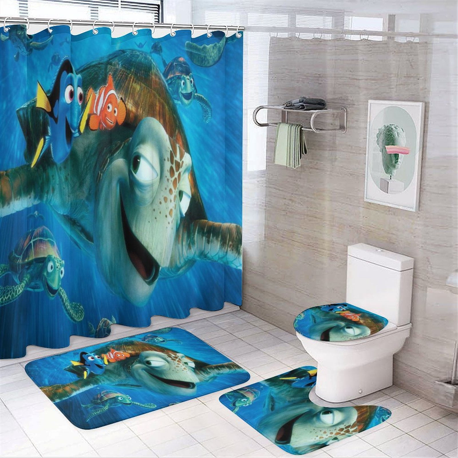 4 Piece Finding Ne-m Shower Curtain Sets, with 12 Hooks Non-Slip Rugs ...