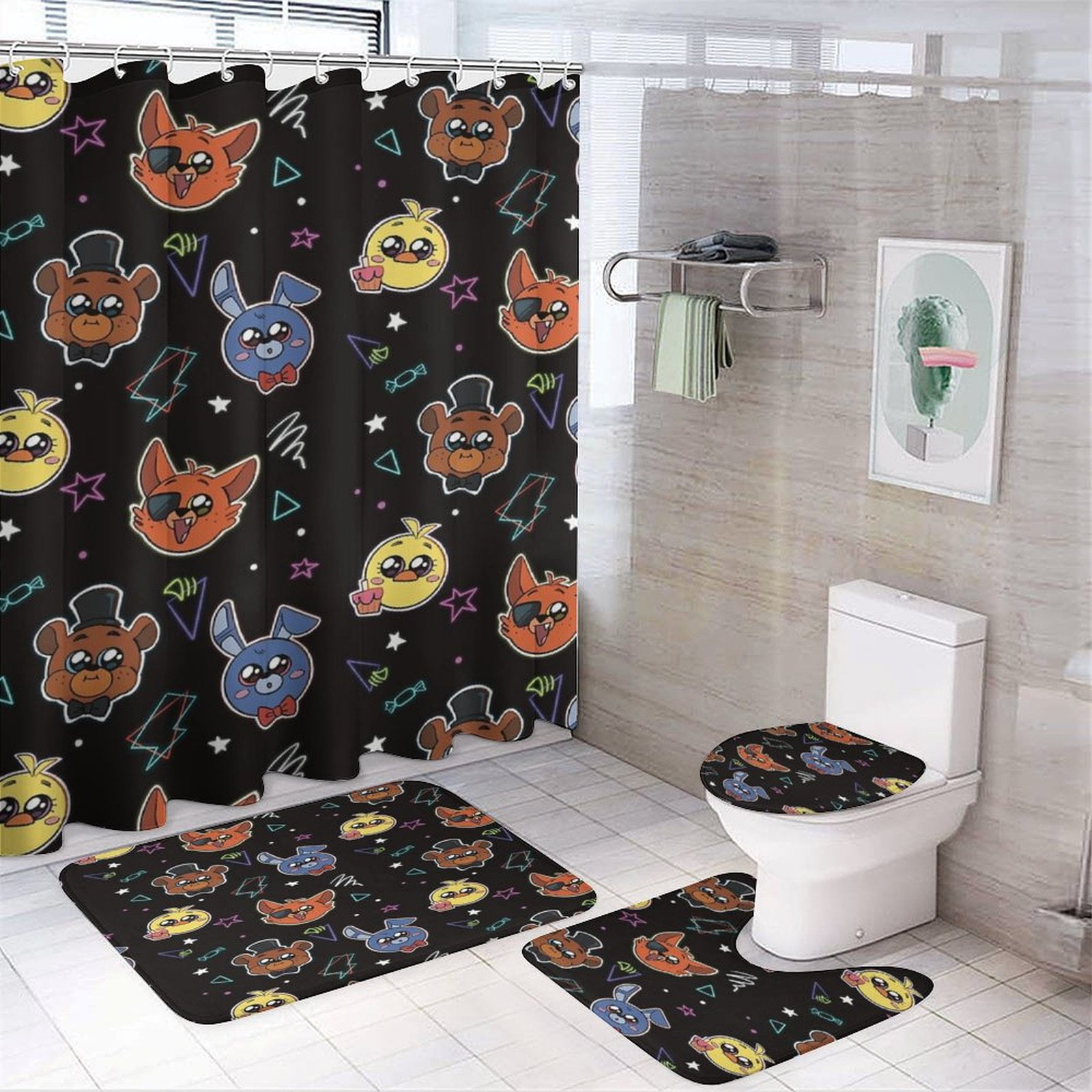 4 Piece Fnaf Five Night At Freddys Shower Curtain Set with Non-Slip ...