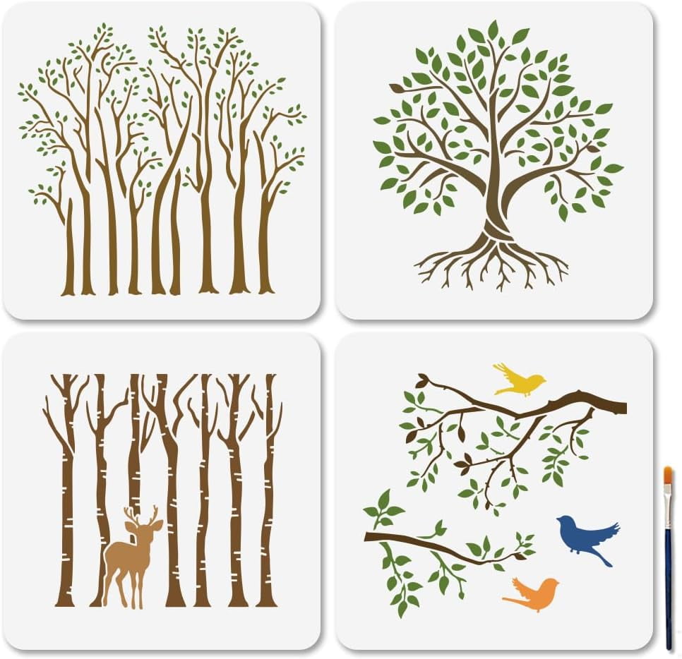 4-Piece Forest Wildlife Tree Stencil Set - 11.8x11.8 Inch Nature-Themed ...