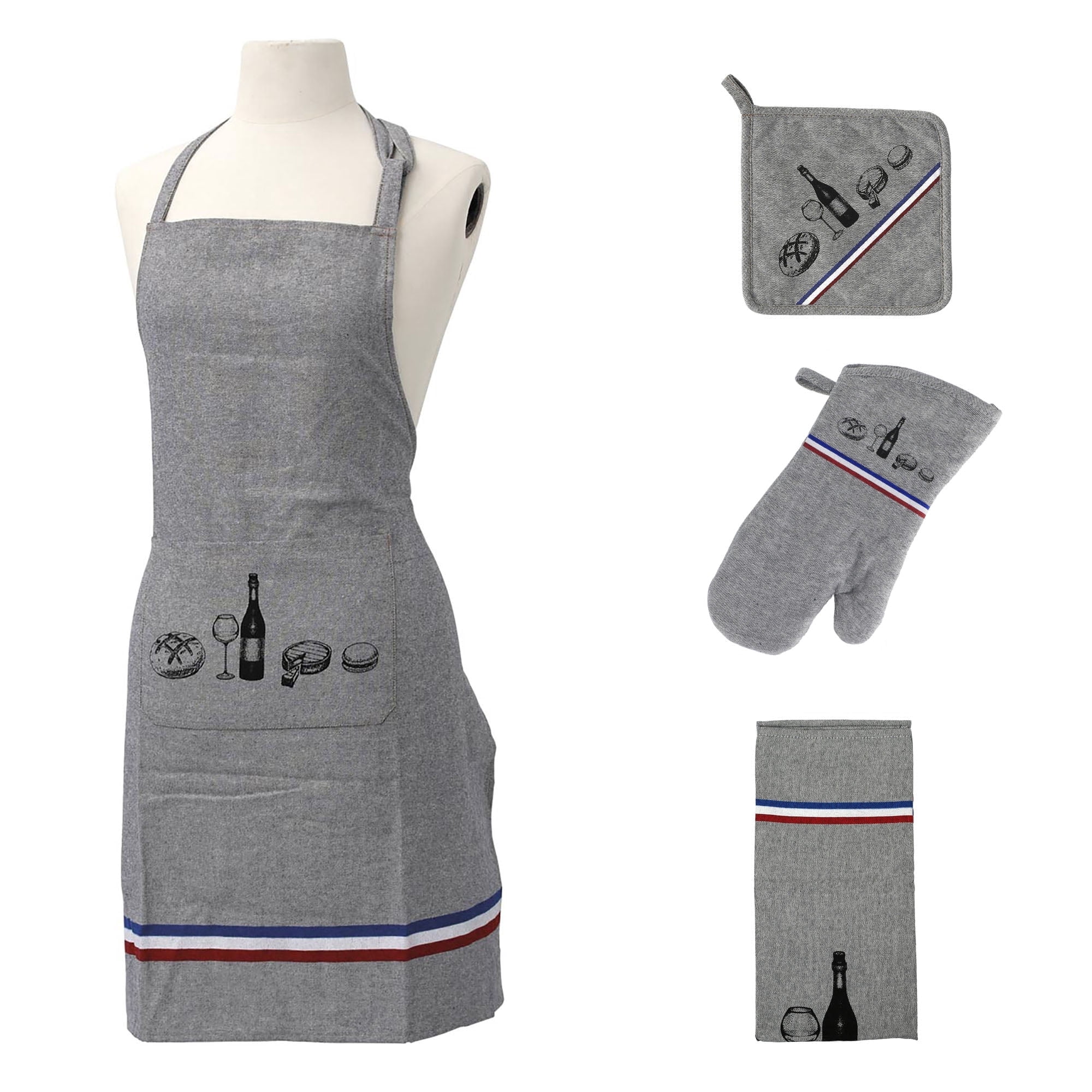 4-Piece French Gourmet Kitchen Set: Gray Apron, Oven Mitt, Towel and ...