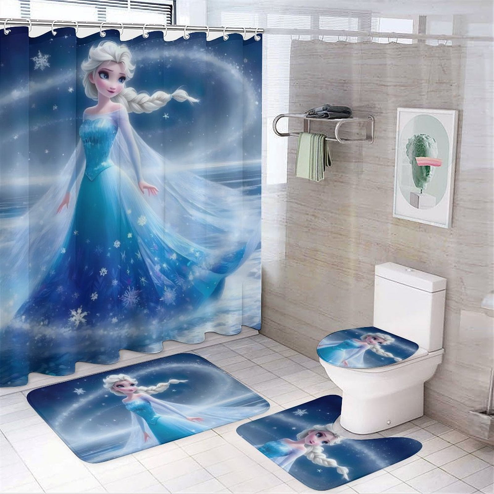 4 Piece Frozen Shower Curtain Set with Non-Slip Rugs, Toilet Lid Cover ...