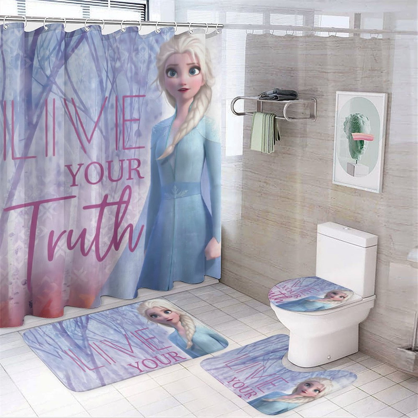 4 Piece Frozen Shower Curtain Set with Non-Slip Rugs, Toilet Lid Cover ...