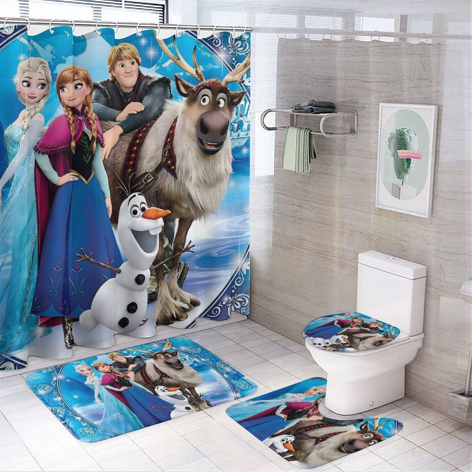 4 Piece Frozen Shower Curtain Set with Non-Slip Rugs, Toilet Lid Cover ...