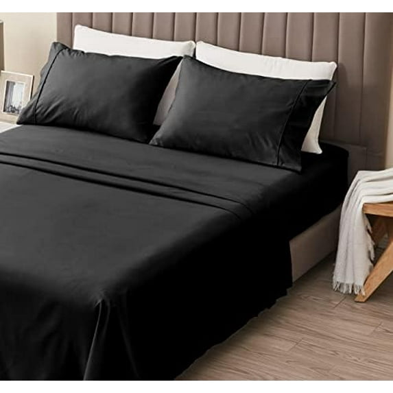 4-Piece Full Black Microfiber Sheet Set - Ultra-Soft, Brushed Bedding ...