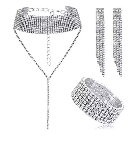 4 Piece Full Paved Rhinestone Formal Jewelry Set, Silver Tone Y Drop ...