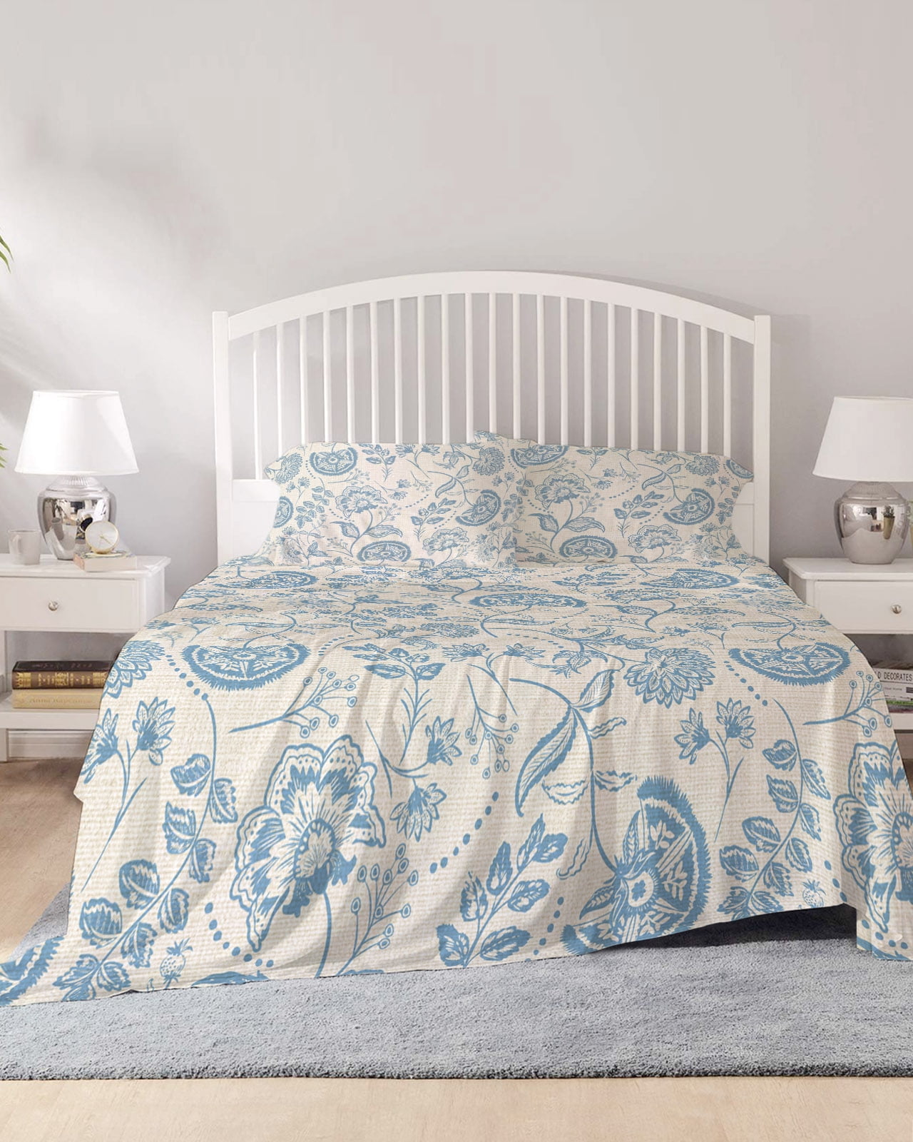 4 Piece Full Sheet Set Blue Spring Floral Sheets Set for Full Size Bed ...