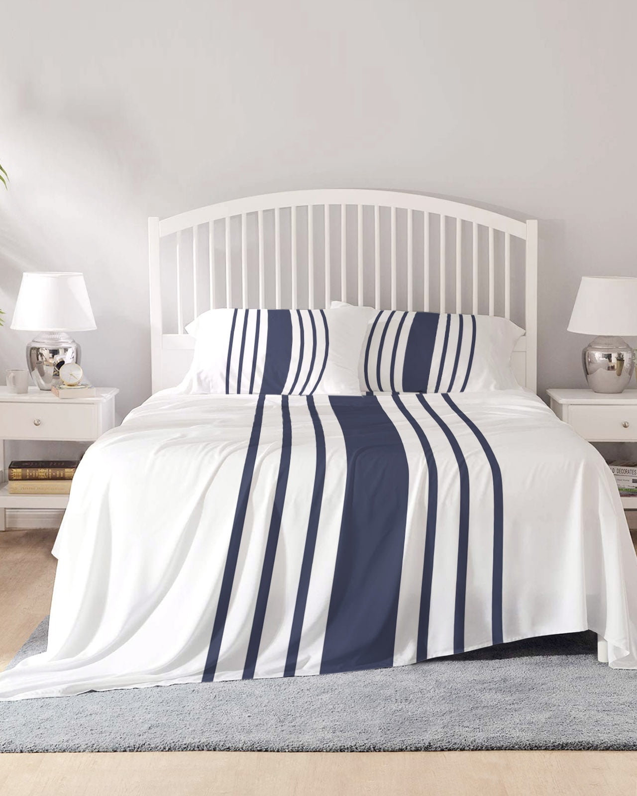 4 Piece Full Sheet Set Blue Vertical Striped Sheets Set for Full Size ...