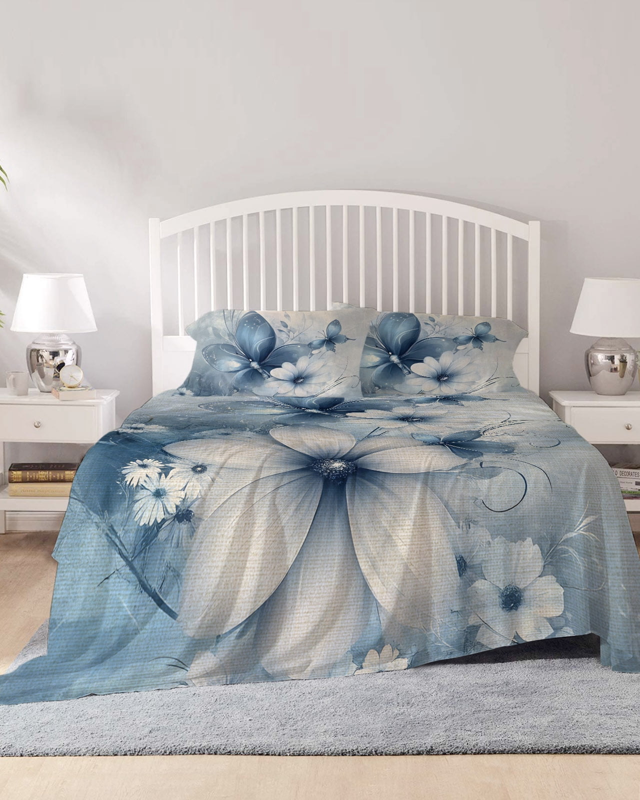 4 Piece Full Sheet Set Blue White Daisy Sheets Set for Full Size Bed ...